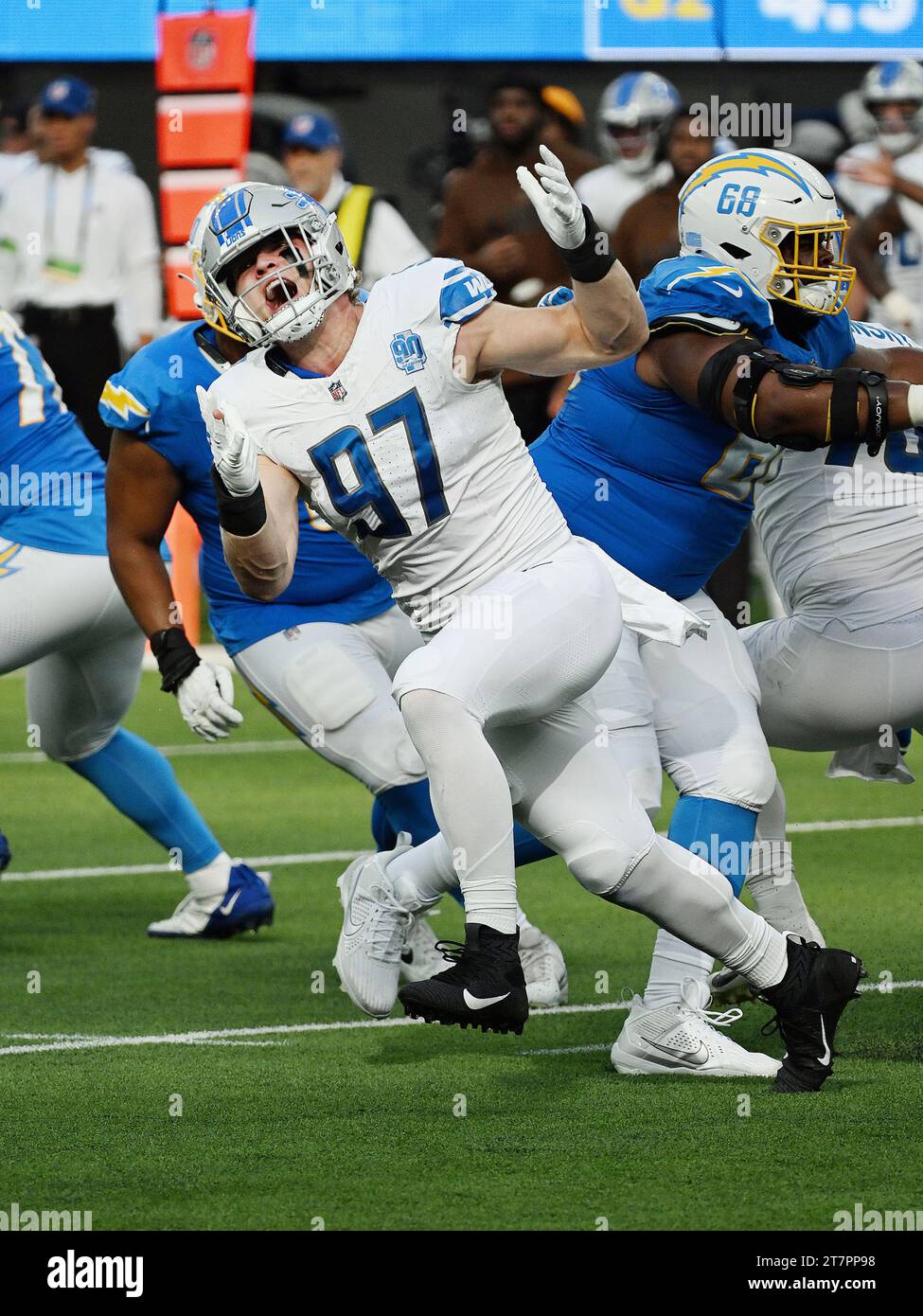 Detroit Lions defensive end Aidan Hutchinson (97) screams out while ...