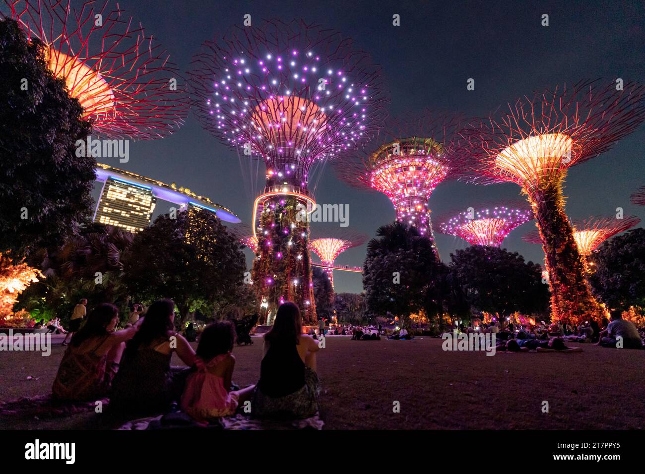 Visitors sit beneath the Supertrees during a light and sound show at ...