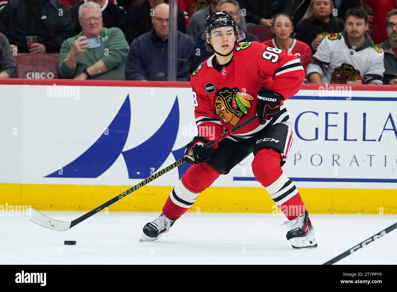 Chicago Blackhawks center Connor Bedard handles the puck during the ...