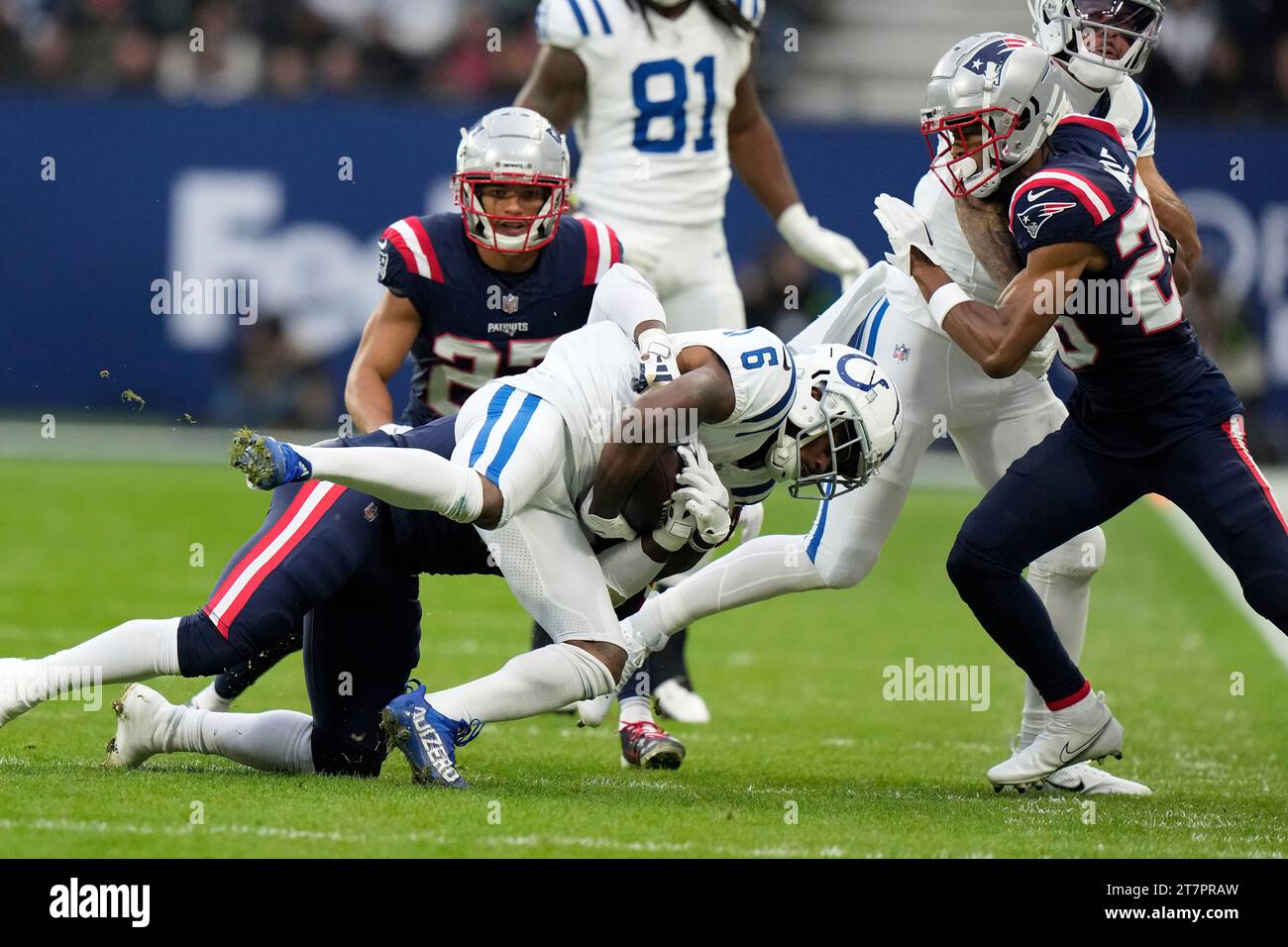 Indianapolis Colts wide receiver Isaiah McKenzie (6) is brought down ...