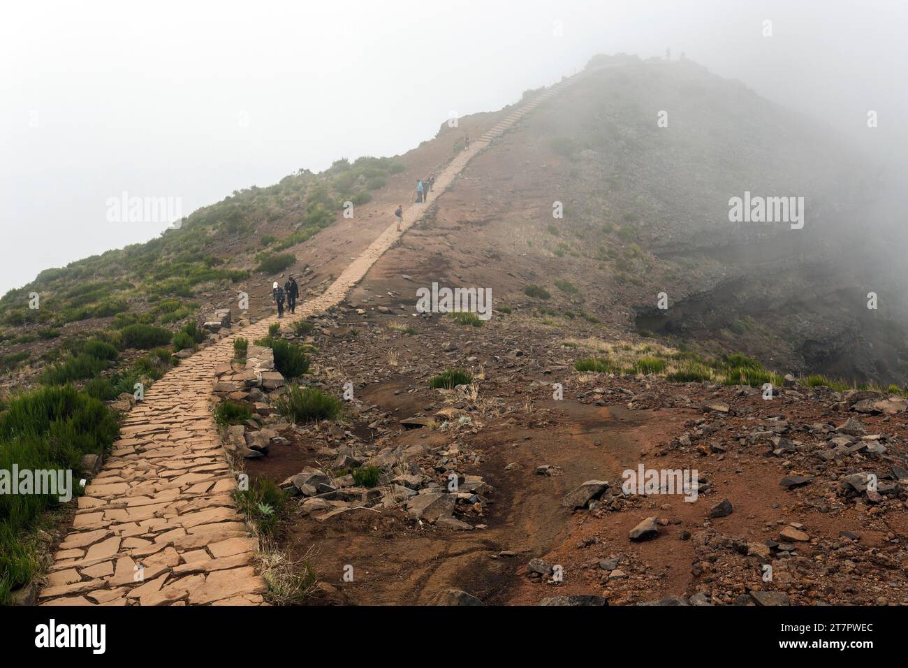 Hikers on the PR1 Vereda do Areeiro hiking trail in the fog, from Pico ...