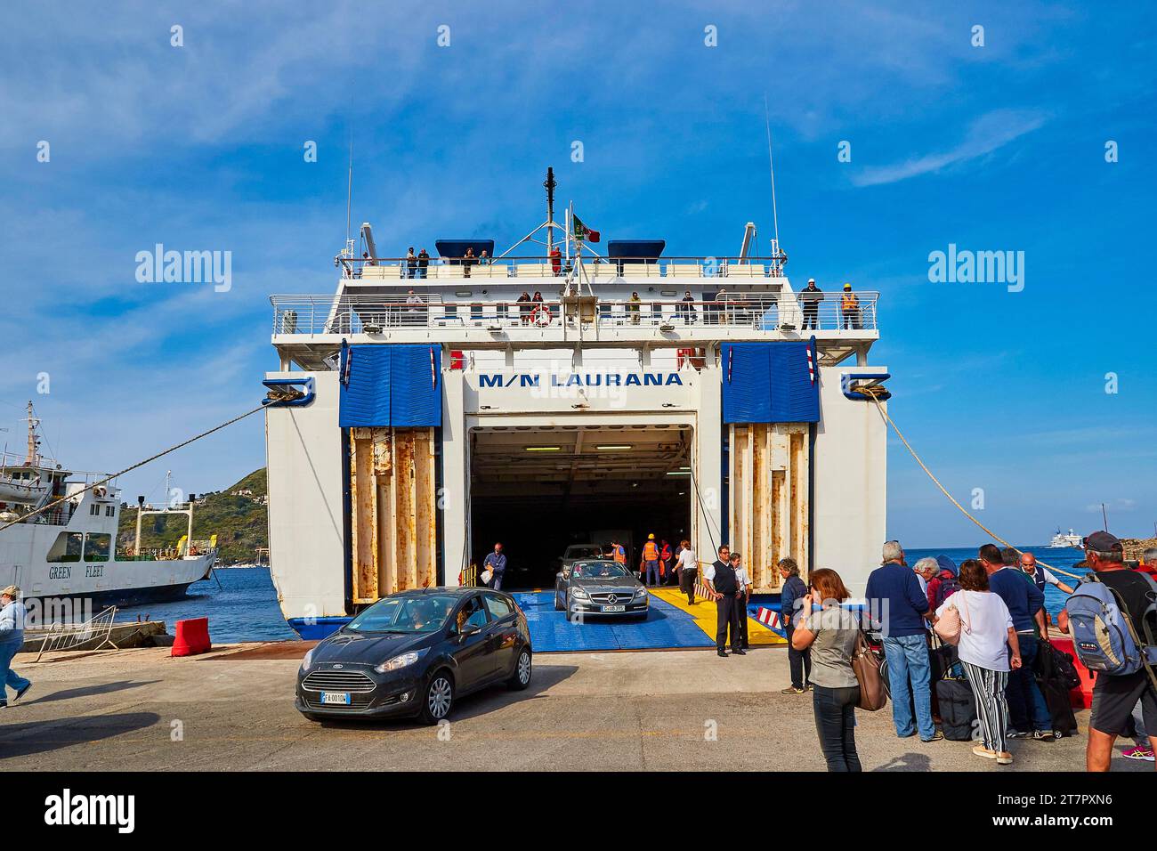 Siremar, Car ferry, Laurana, Open stern, Cars leaving ferry, Passengers ...