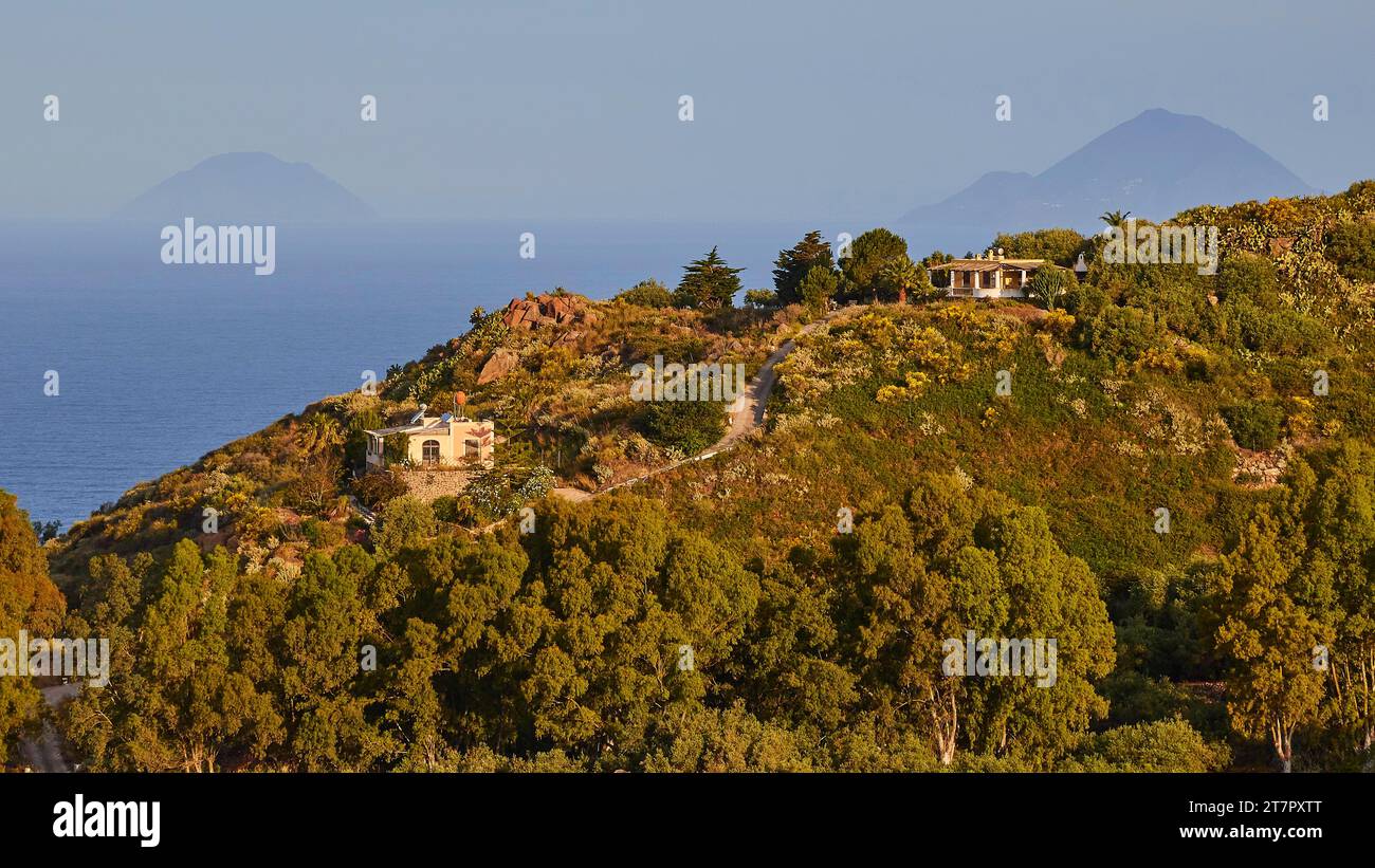 Green mountainside, houses, islands, Alicudi, Filicudi, Lipari, Lipari ...