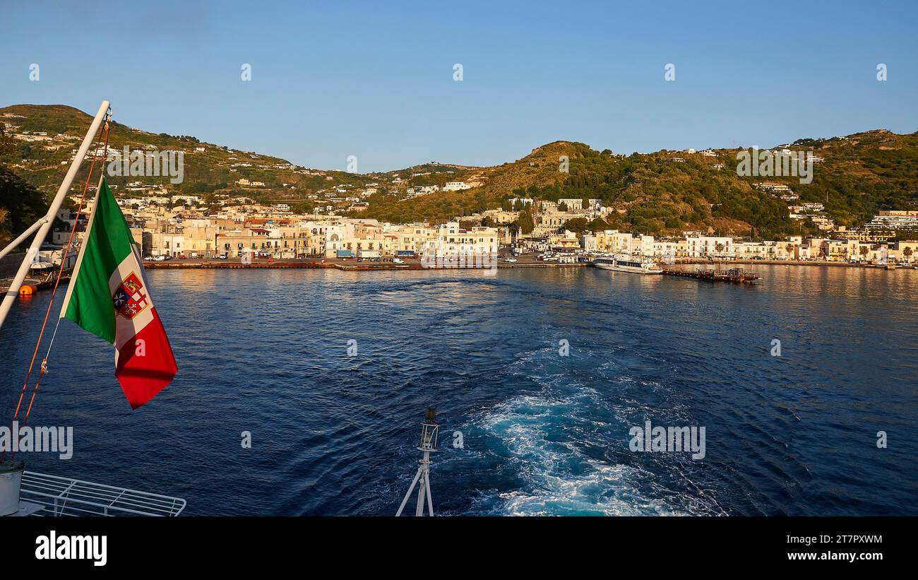 Pictures from departing ferry, flag at stern, harbour, ferry, Lipari ...