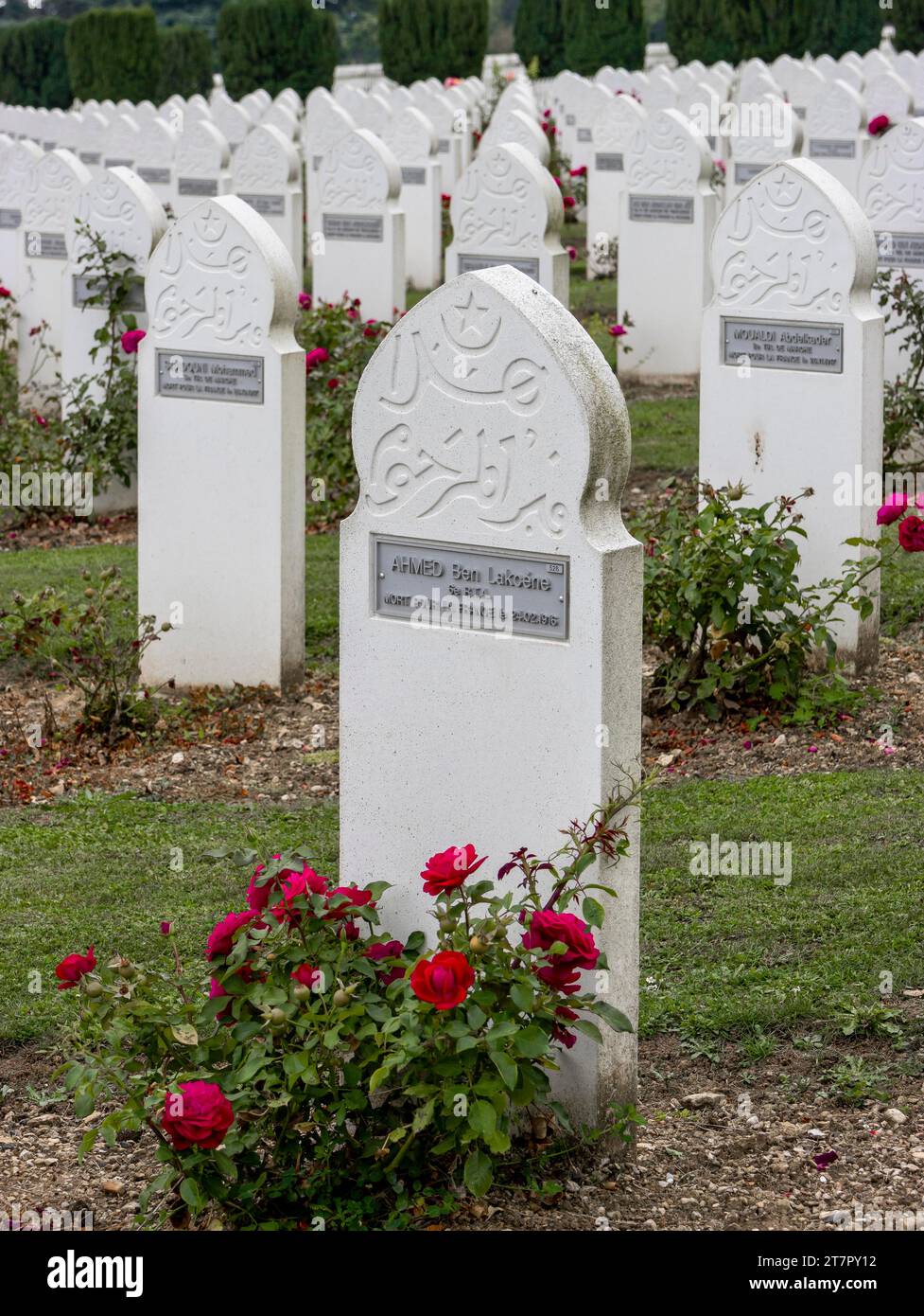 French military cemetery at the Ossuaire de Douaumont with white ...
