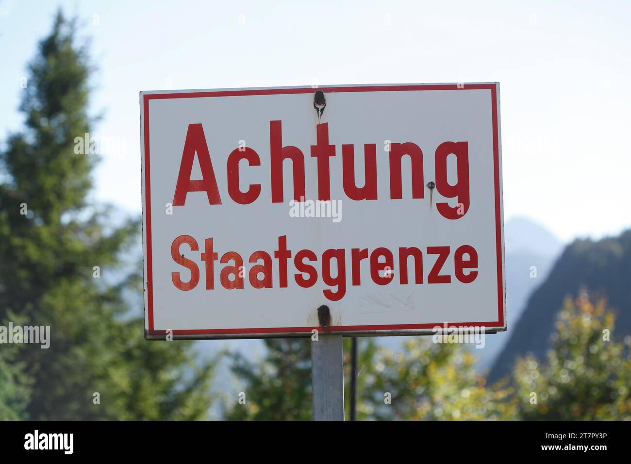 Sign Achtung Staatsgrenze Oesterreich Deutschland, border near ...