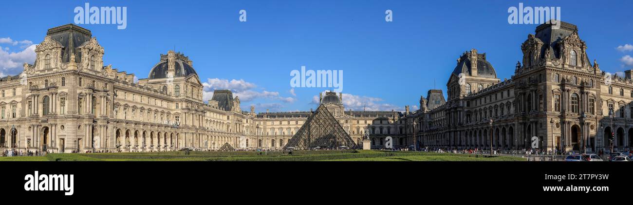 Panoramic photo of the Louvre Museum building and the glass pyramid ...