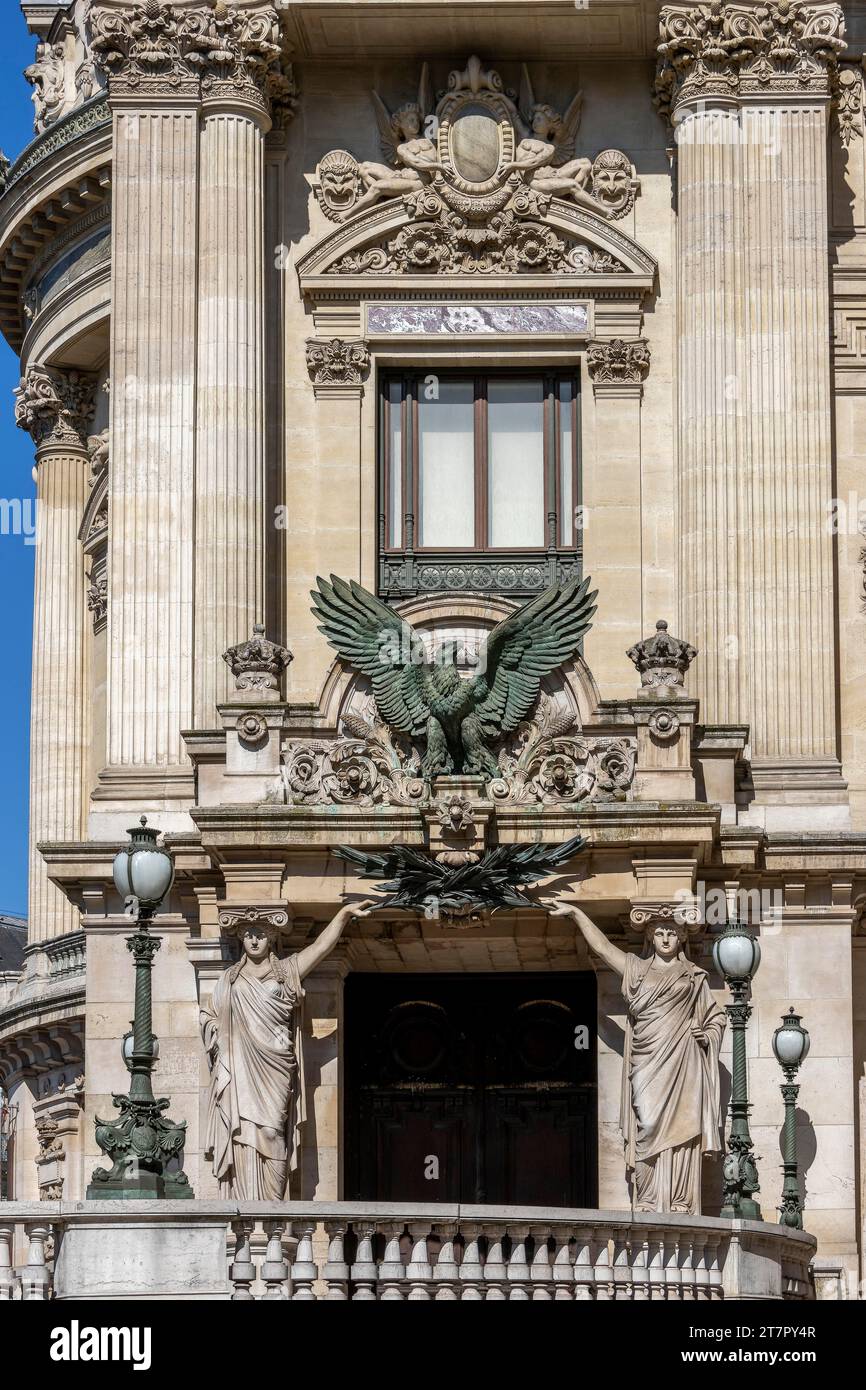 The opulent entrance to the Palais Garnier opera house with caryatids ...