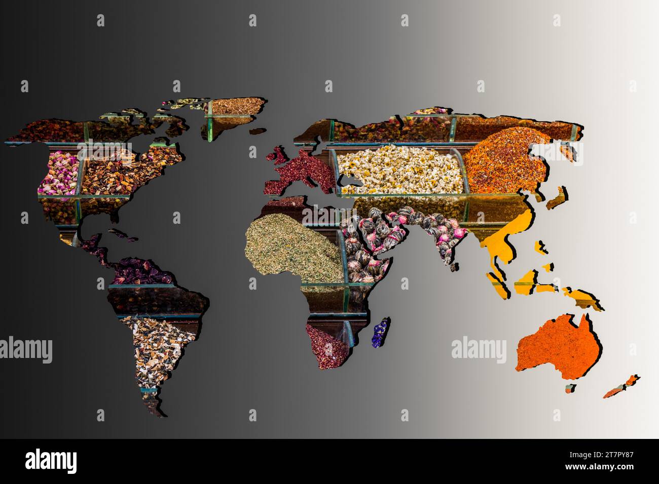 Roughly outlined world map with herbs and spices Stock Photo - Alamy