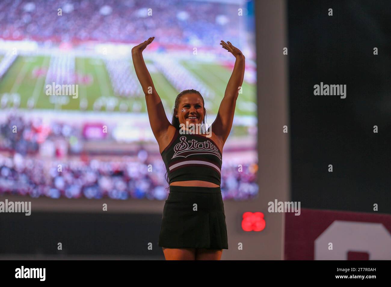 STARKVILLE, MS - NOVEMBER 04: A Mississippi State Bulldogs cheerleader ...
