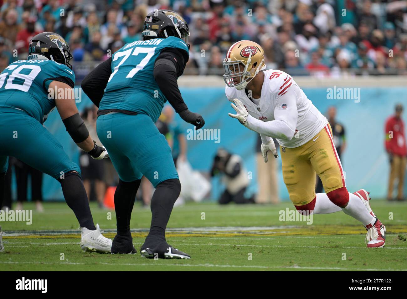 San Francisco 49ers defensive end Arik Armstead (91) follows a play ...