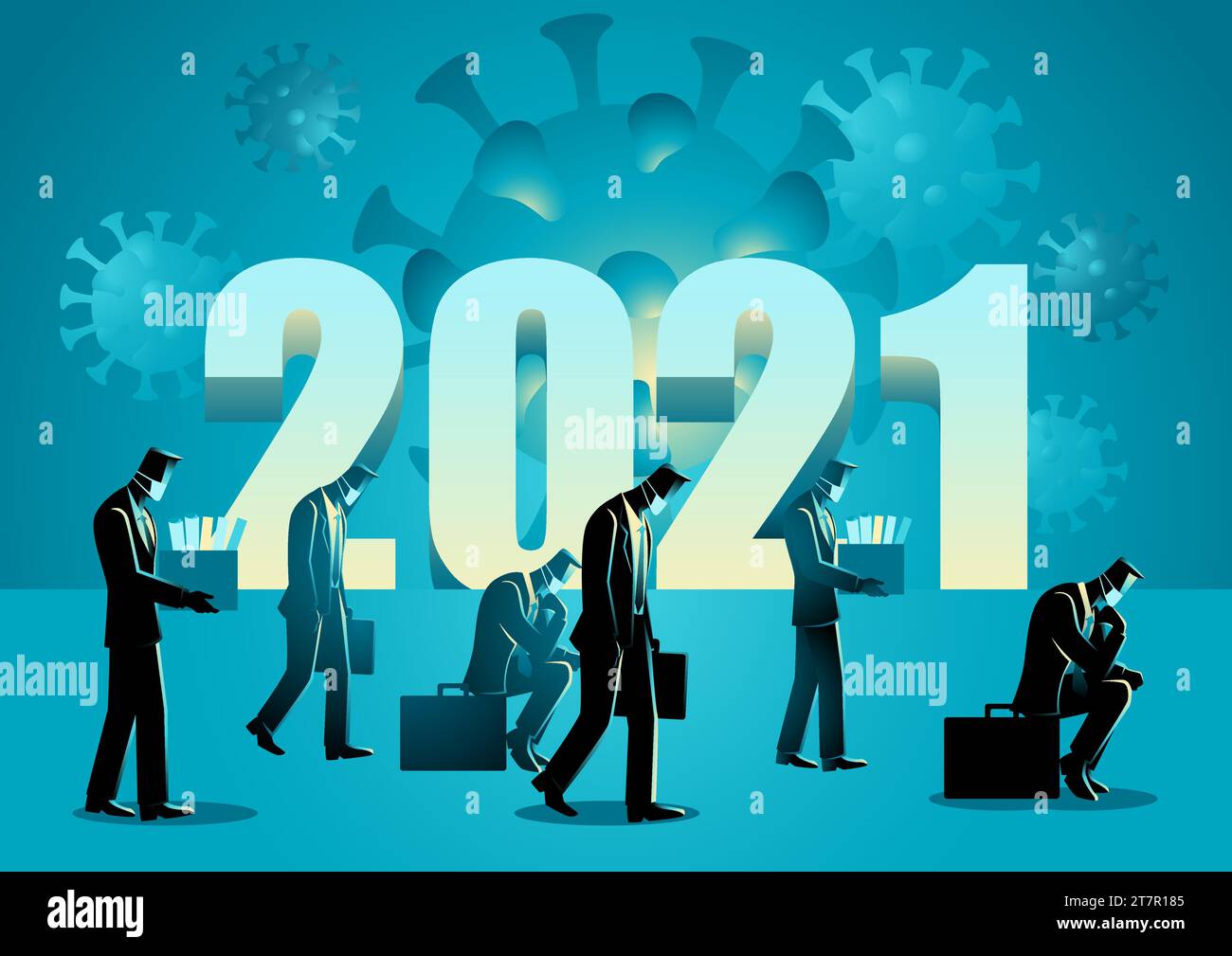 Vector illustration of the year 2021 symbol with business people lost ...
