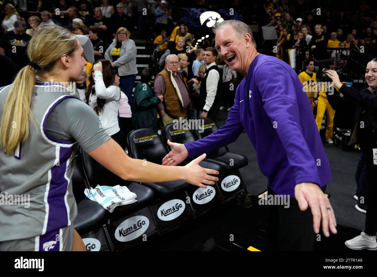 Kansas State head coach Jeff Mittie, right, celebrates with guard Taryn ...