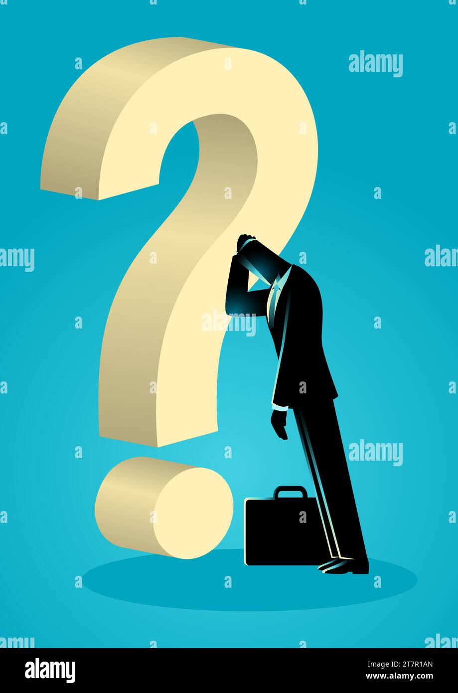 Businessman leaning his forehead against giant question mark, business ...