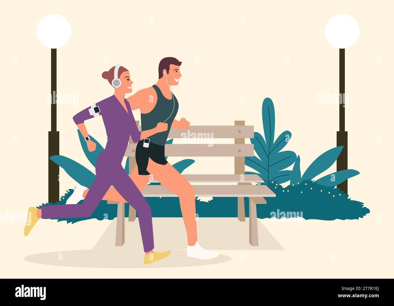 Simple flat vector illustration of couple jogging and running outdoors ...