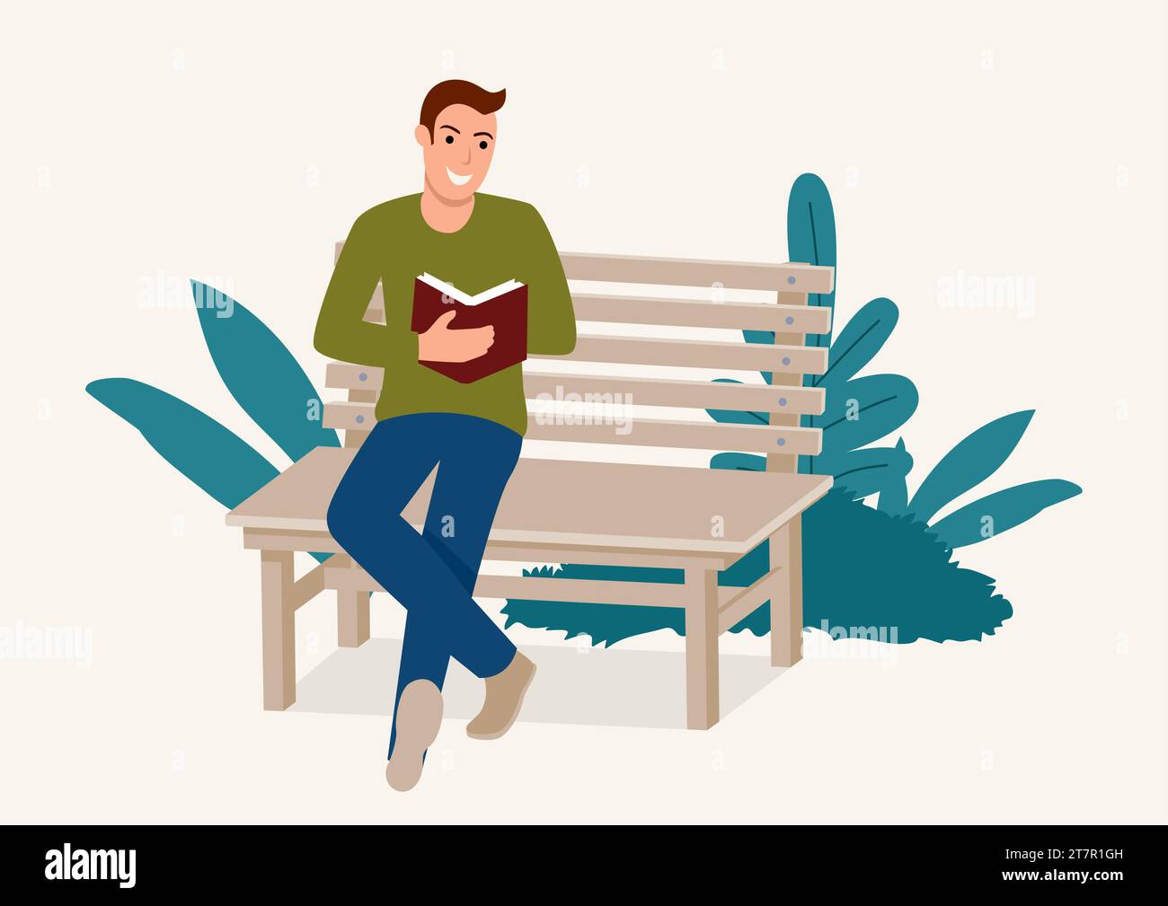 Simple flat vector illustration of a man sitting on wooden bench while ...