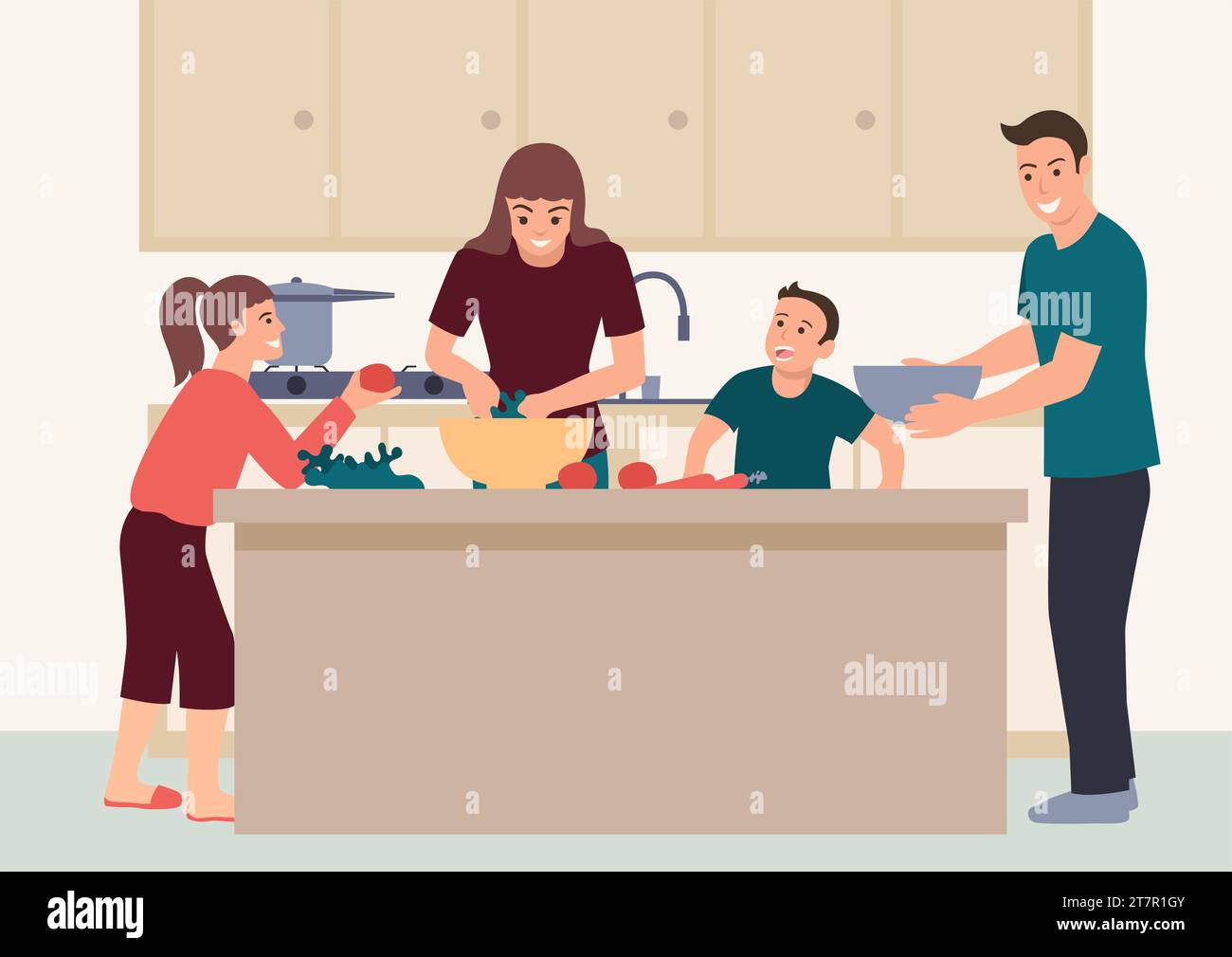 Simple flat vector illustration of happy family having fun cooking at ...