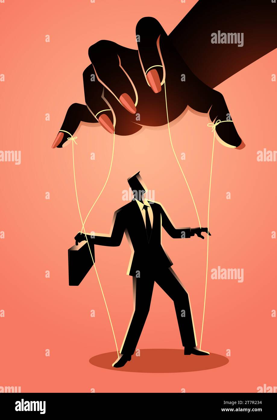 Vector illustration of a businessman being control by a woman puppeteer ...
