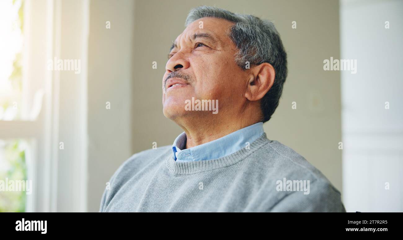 Thinking, nostalgia and senior man at a nursing home window with memory ...