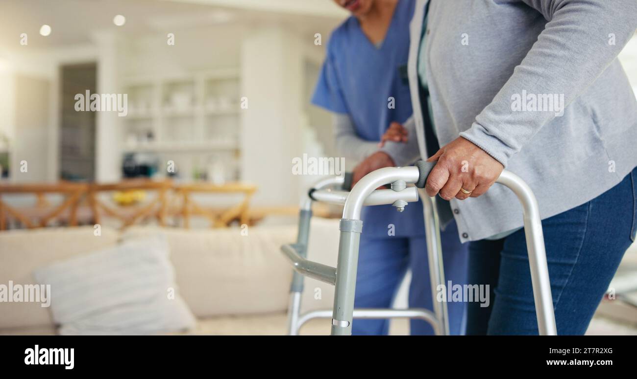 Senior woman, person with disability and walker for nurse, couch ...