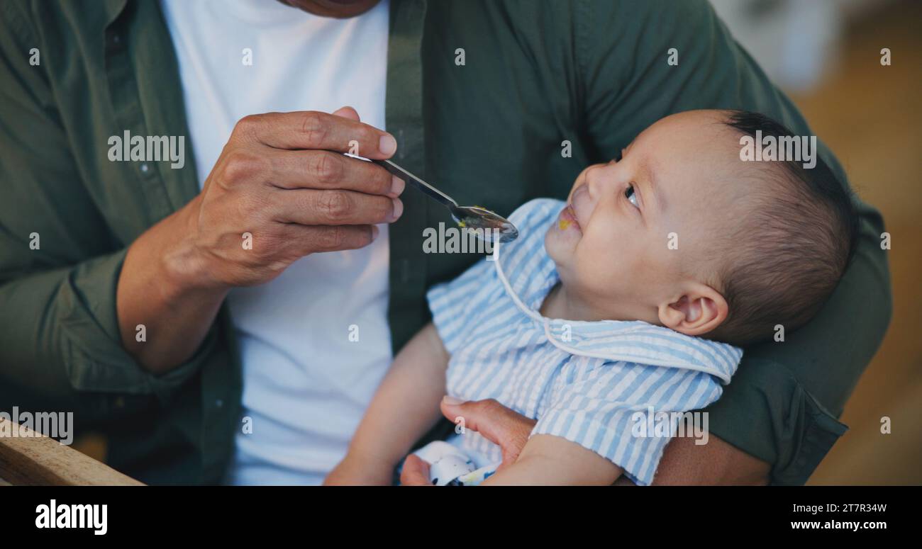 Man, feed and baby or food closeup with spoon as nutrition meal, health ...