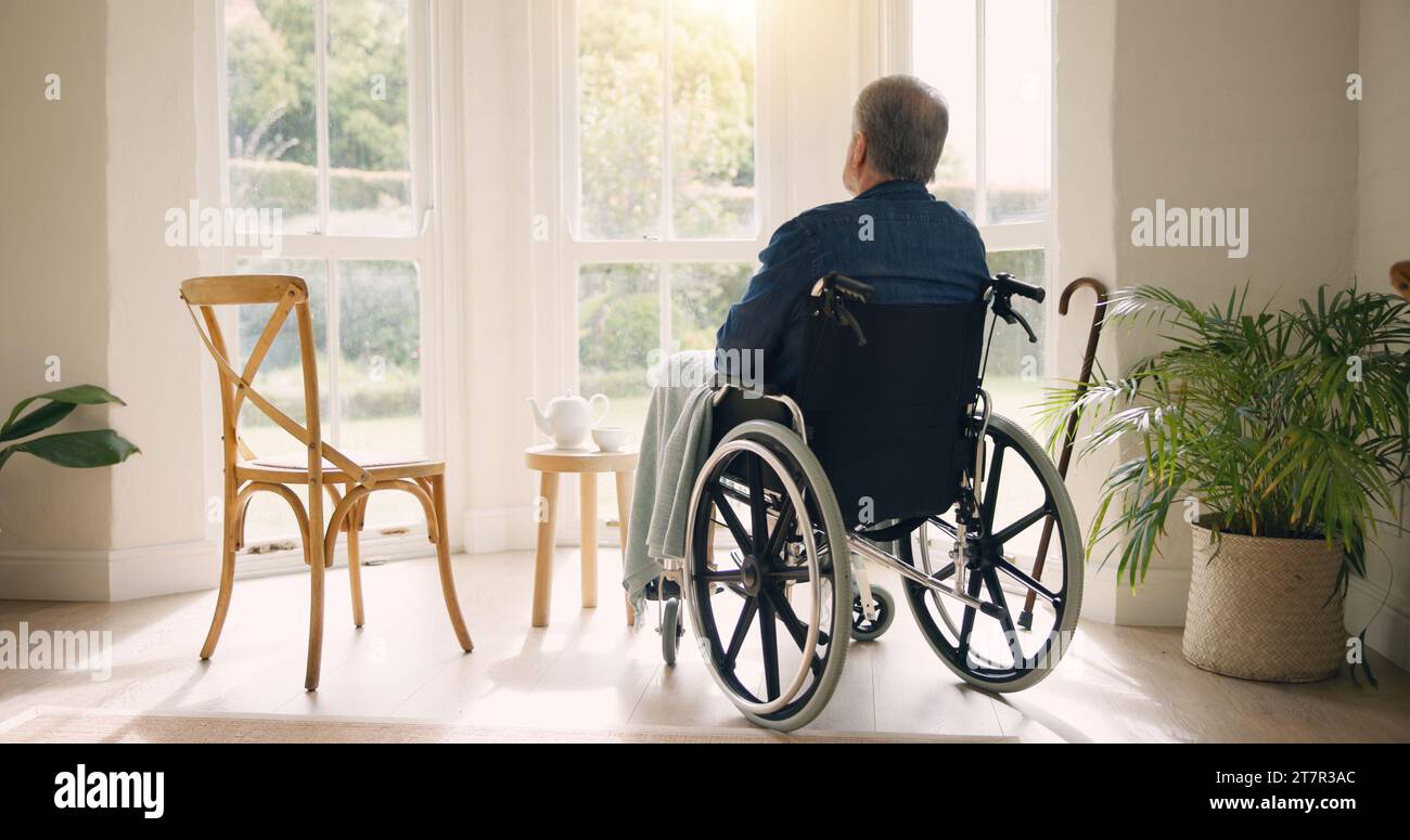 Wheelchair, old man or thinking of memory by window in nursing home or retirement with ...