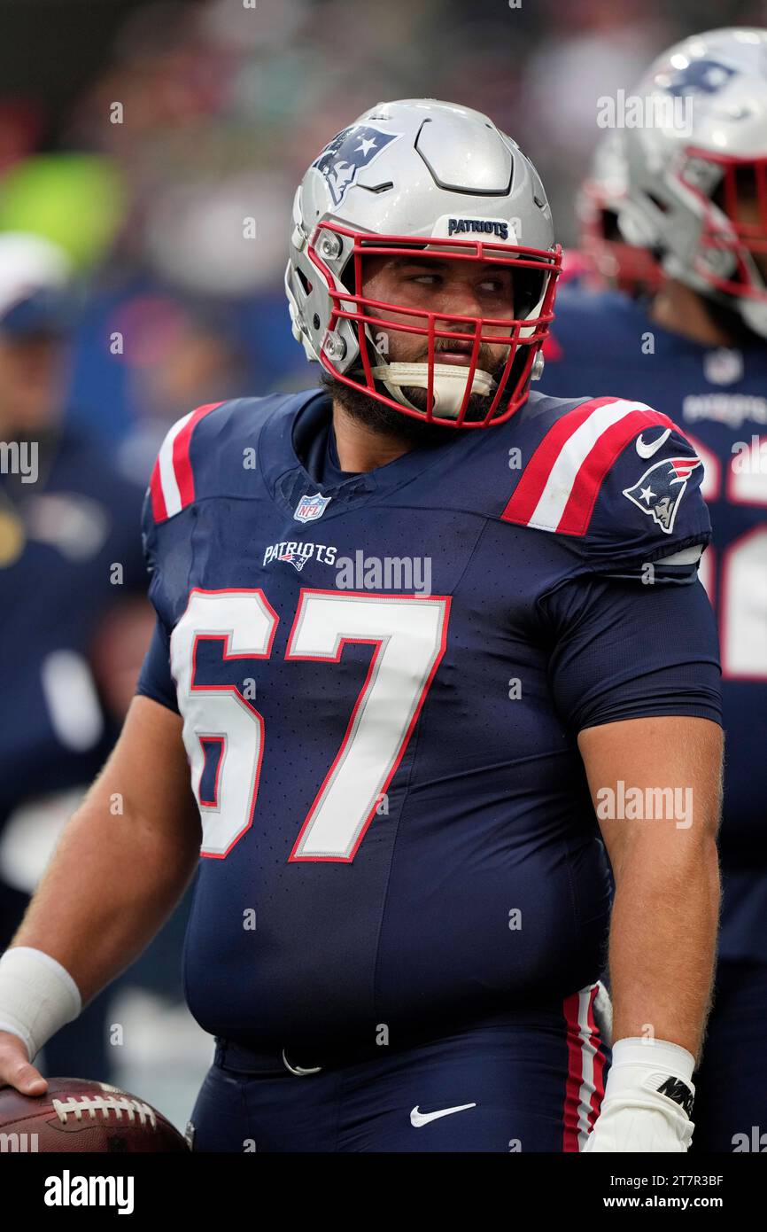 New England Patriots center Jake Andrews (67) warms up prior to taking ...