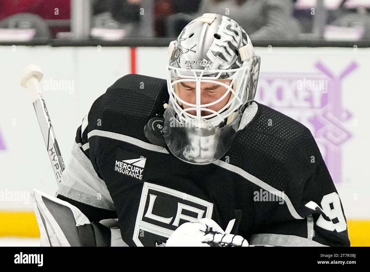 Los Angeles Kings goaltender Cam Talbot stops a shot during the first ...