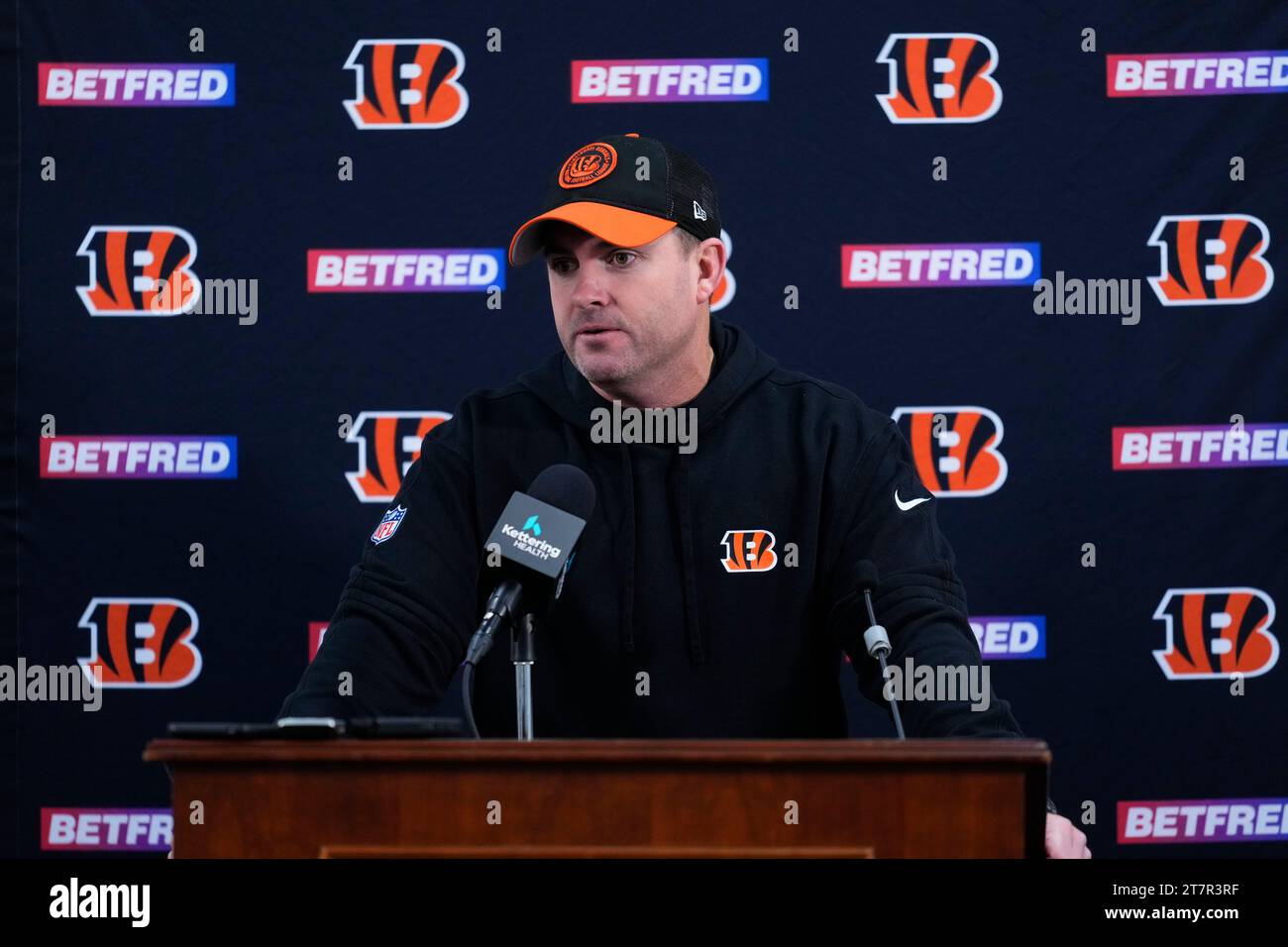 Cincinnati Bengals coach Zac Taylor speaks in a news conference after ...