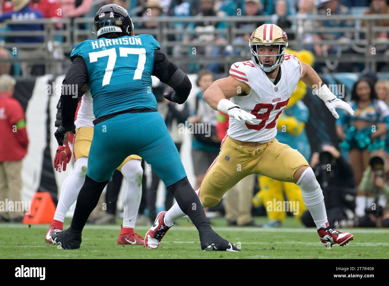 Jacksonville Jaguars offensive tackle Anton Harrison (77) works against ...
