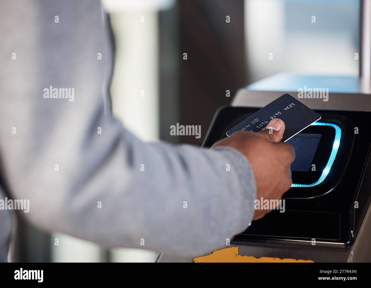 Hands, man and bus card for payment, finance or digital banking tech ...