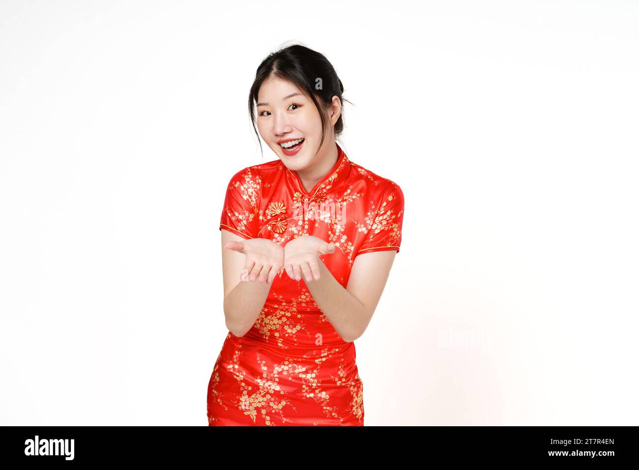 Asian woman wearing traditional cheongsam qipao dress with gesture ...