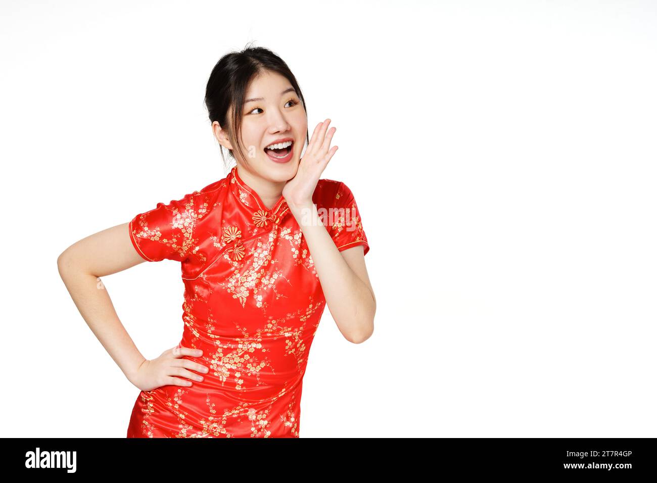 Asian woman wearing traditional cheongsam qipao dress with gesture ...