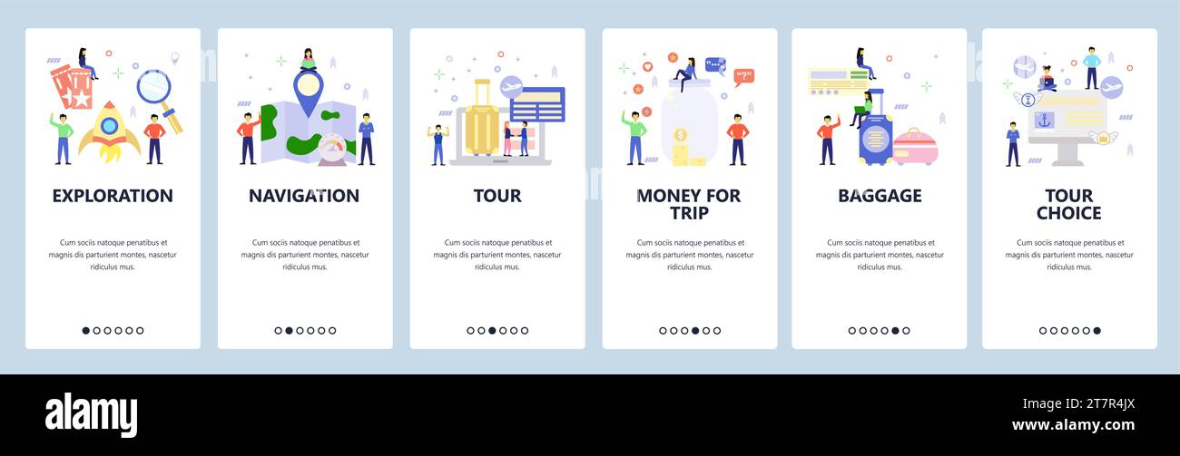Mobile app onboarding screens. Vacation and air travel icons, book tour ...
