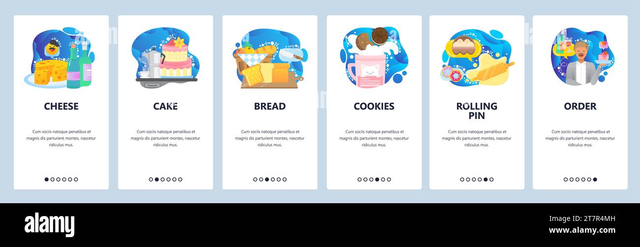 Mobile app onboarding screens. Restaurant food, desert, waiter. Cafe ...