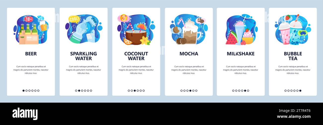 Mobile app onboarding screens. Bar drink menu, beer pack, sparkling ...