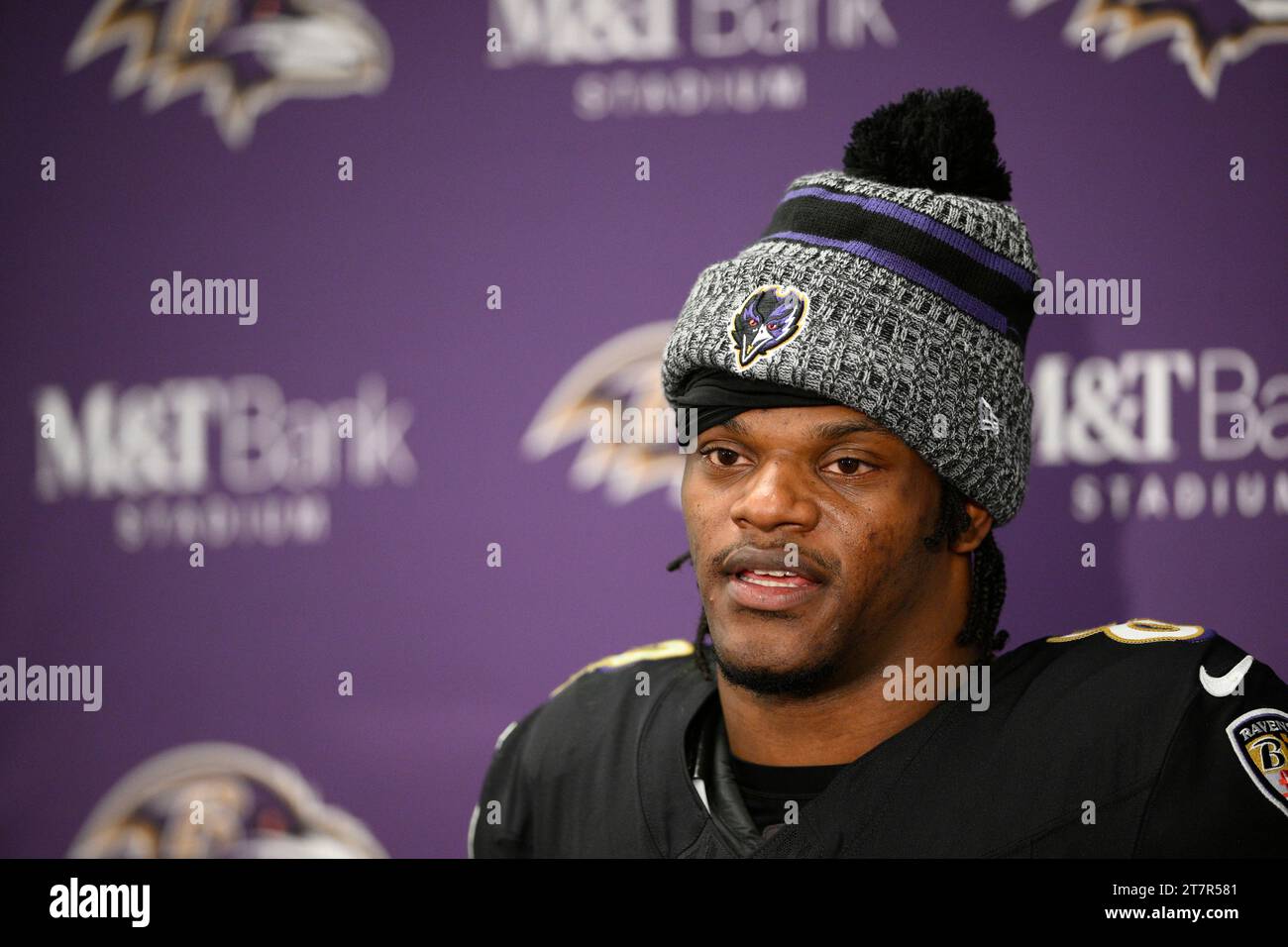 Baltimore Ravens quarterback Lamar Jackson (8) speaks during a news ...