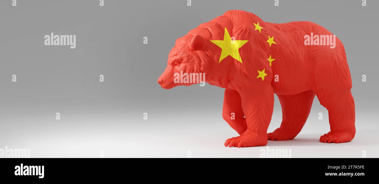 Horizontal banner of a bear with China flag on plain grey background ...