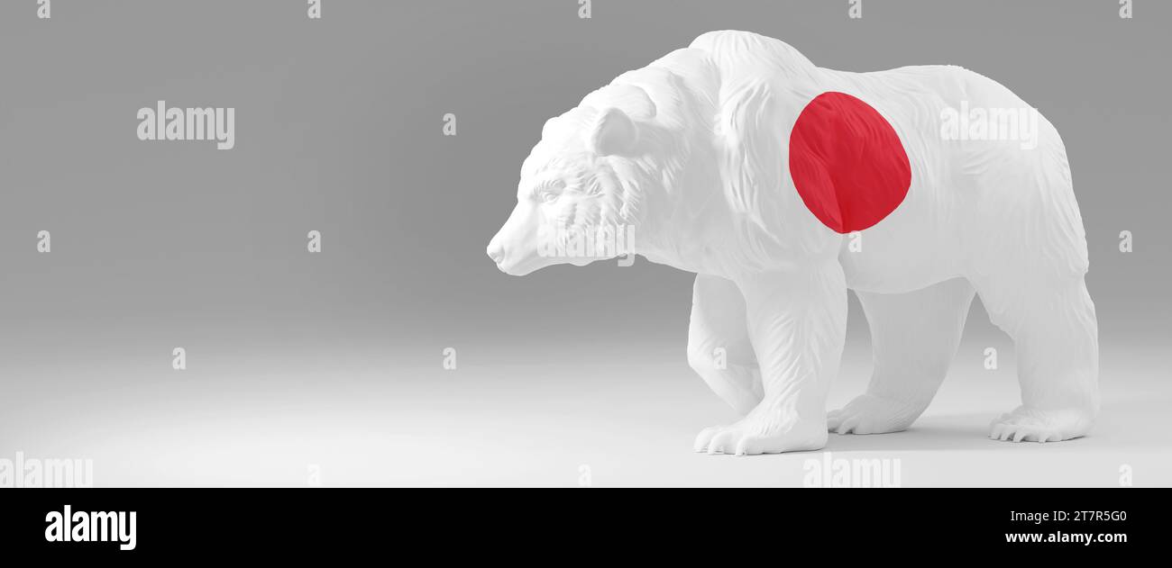 Horizontal banner of a bear with Japan flag on plain grey background ...