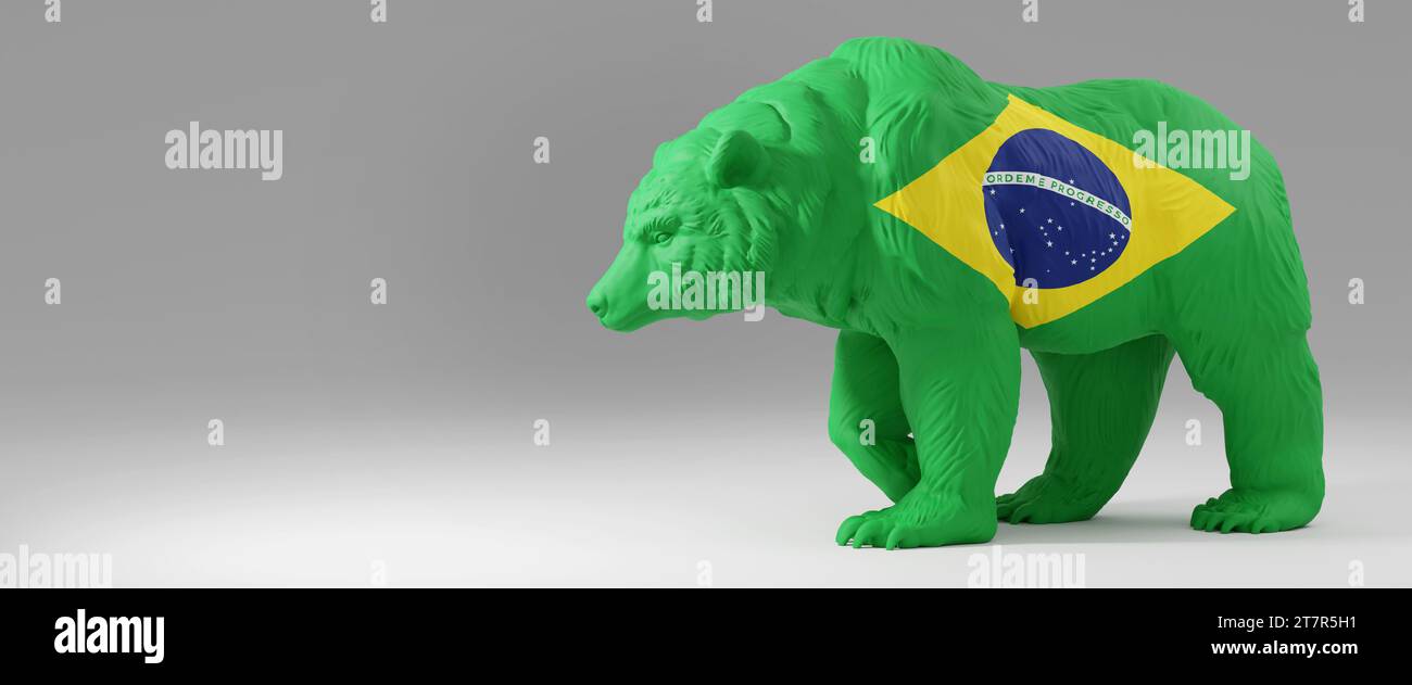 Horizontal banner of a bear with Brazil flag on plain grey background ...