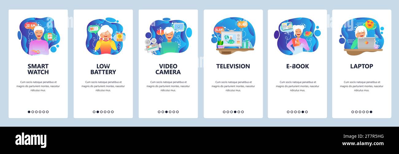 Mobile app onboarding screens. Smart watch, mobile technology, low battery, video camera and tv ...
