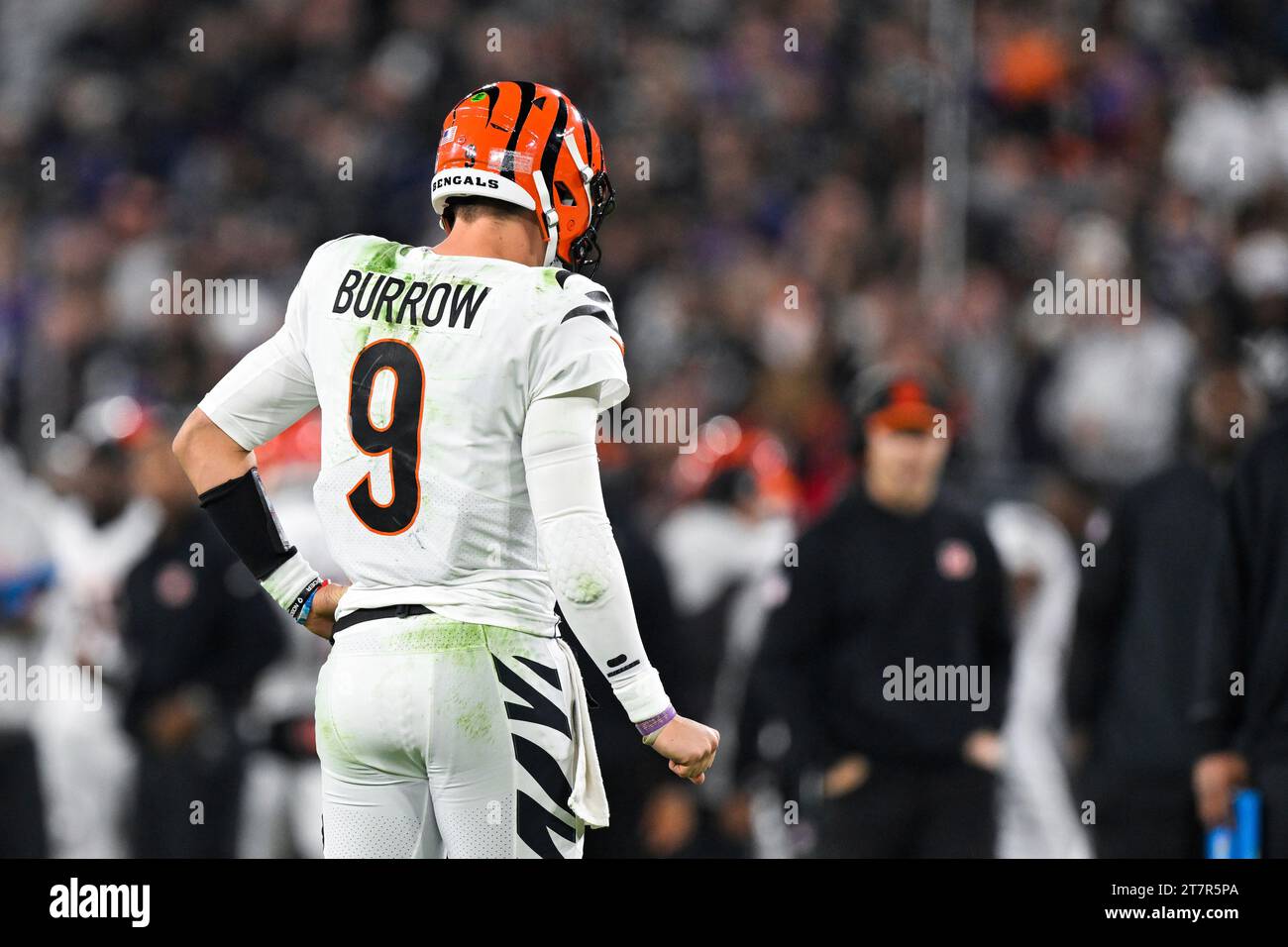 Cincinnati Bengals quarterback Joe Burrow (9) flexes his right throwing ...