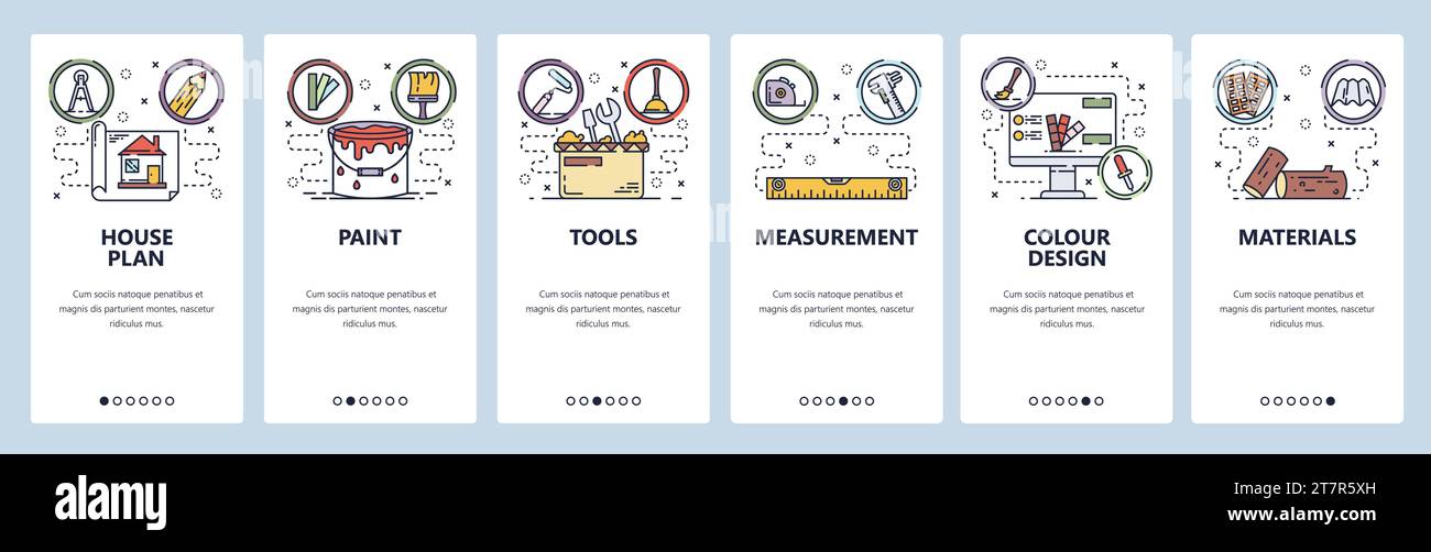 Mobile app onboarding screens. House building and construction, home ...