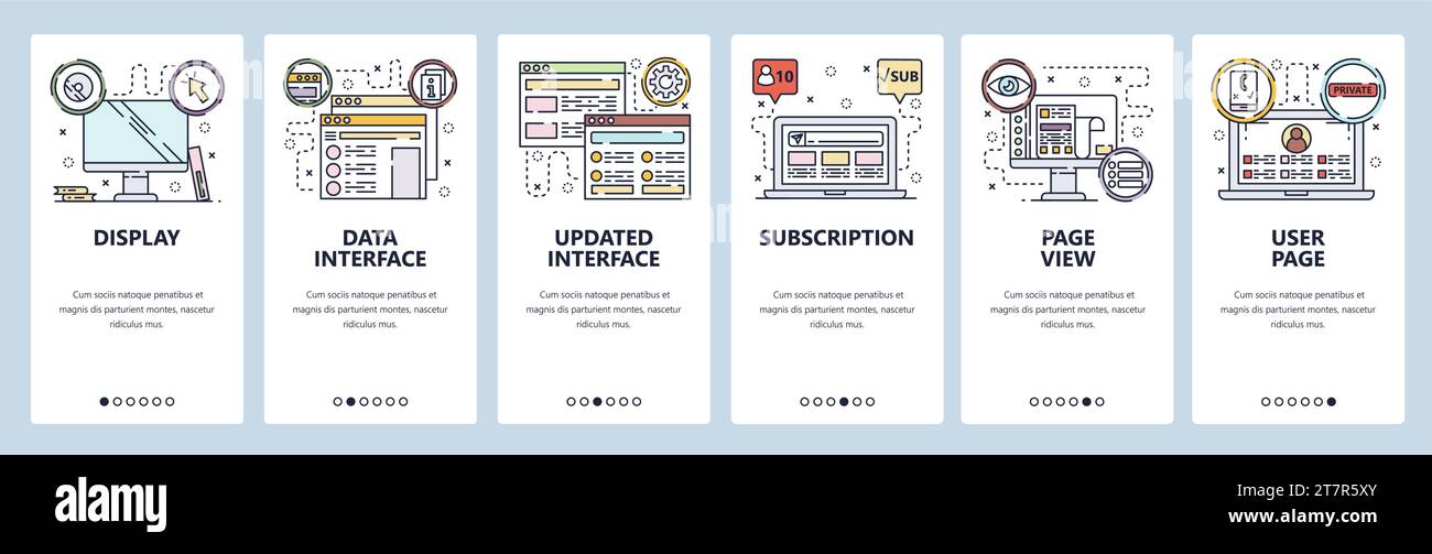 Mobile App Onboarding Screens Social Media Data Interface Computer Display Menu Vector
