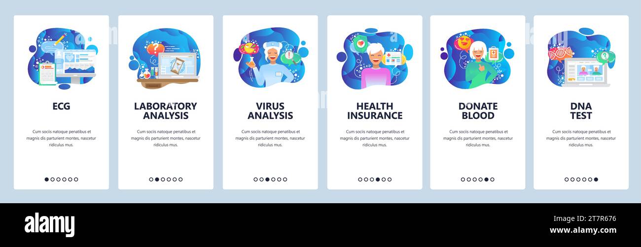 Mobile app onboarding screens. Hospital lab analysis, blood donation ...