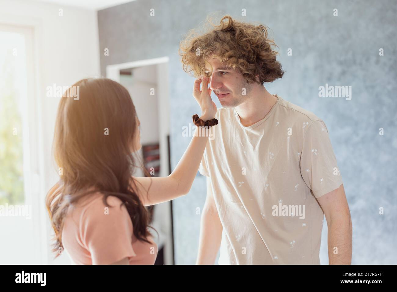 Girl Friend Care Man Crying Use Hand Wipe Away Tears At His Face And