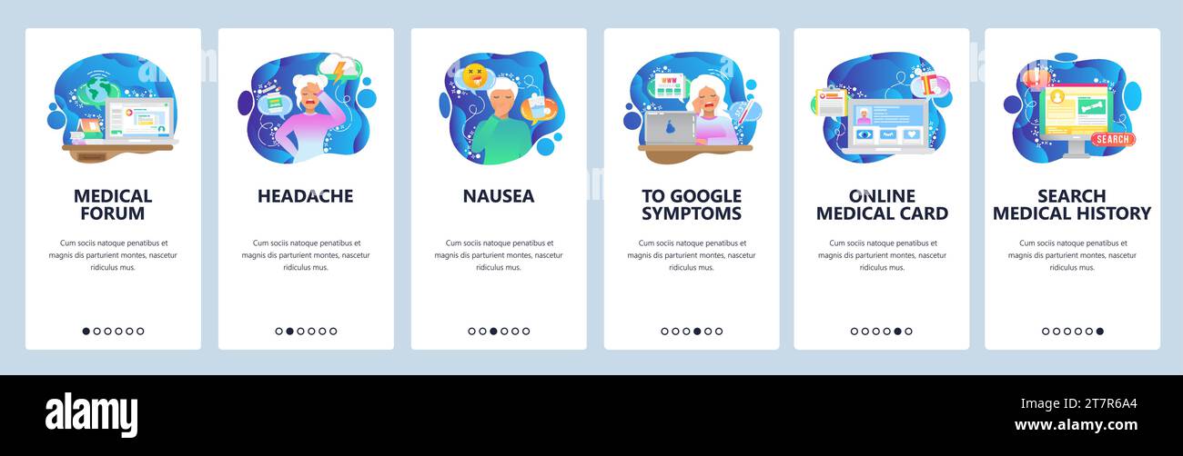 Mobile app onboarding screens. Sick female patient, headache, nausea ...