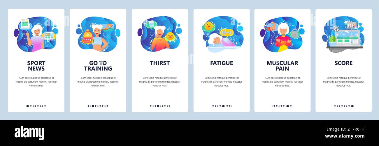 Mobile app onboarding screens. Sport news, training, fatigue, muscular ...