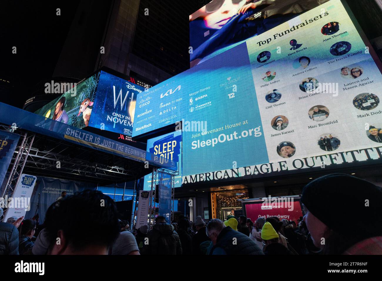 Billboard with sponsors names displayed during sleep out night on Times ...