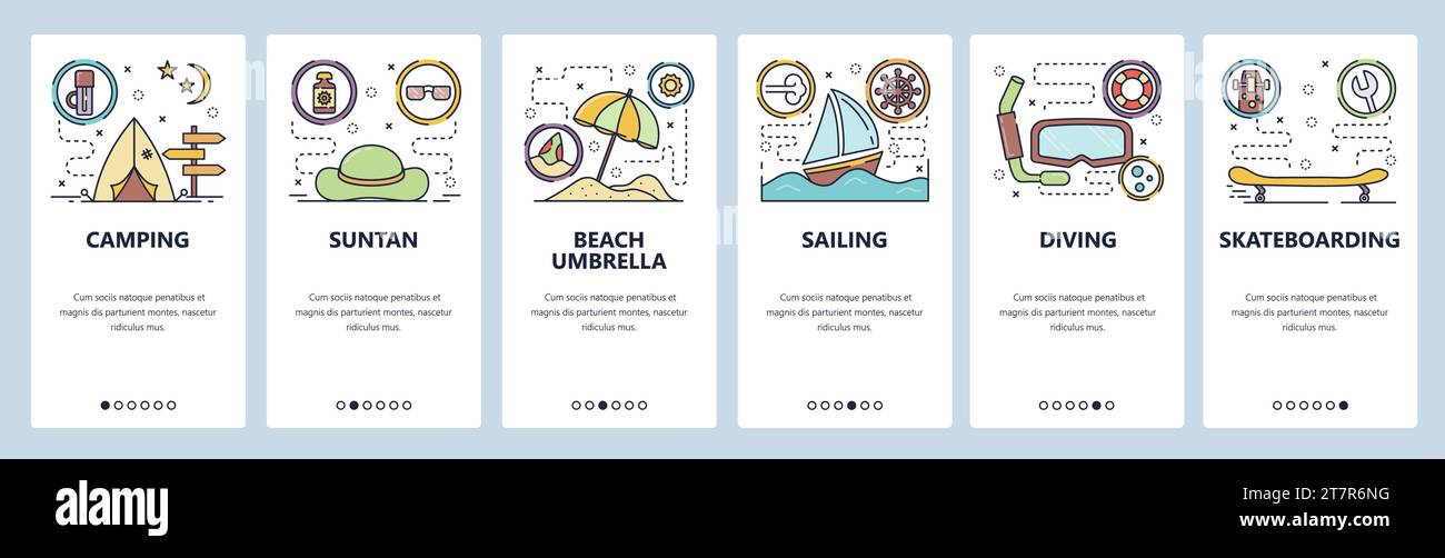 Mobile app onboarding screens. Summer leisure activities, beach ...